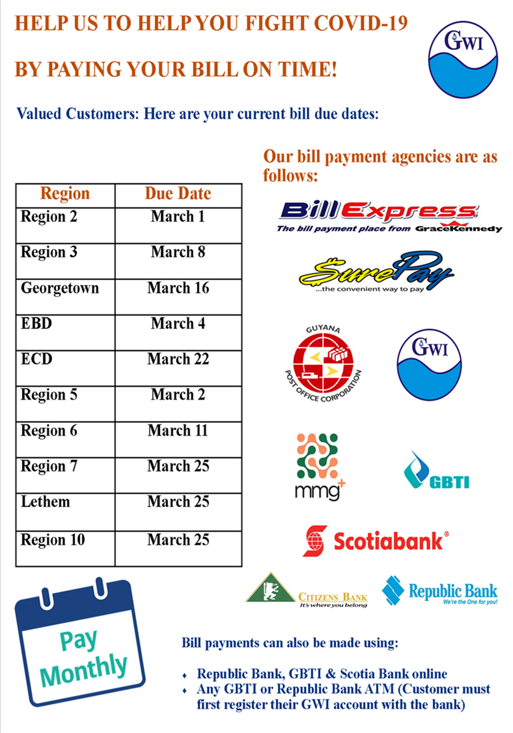 GWI – March Due Dates – Department of Public Information, Guyana