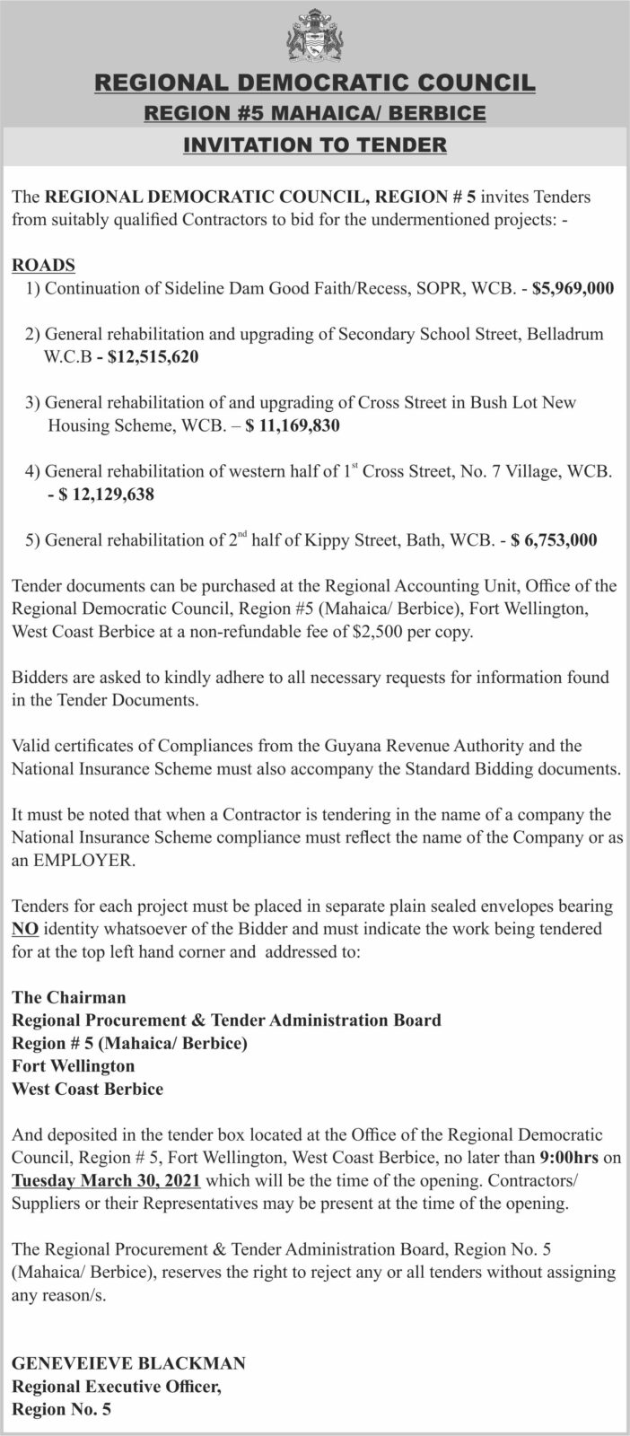 RDC, Region Five – Invitation to Tender – Roads Rehabilitation ...