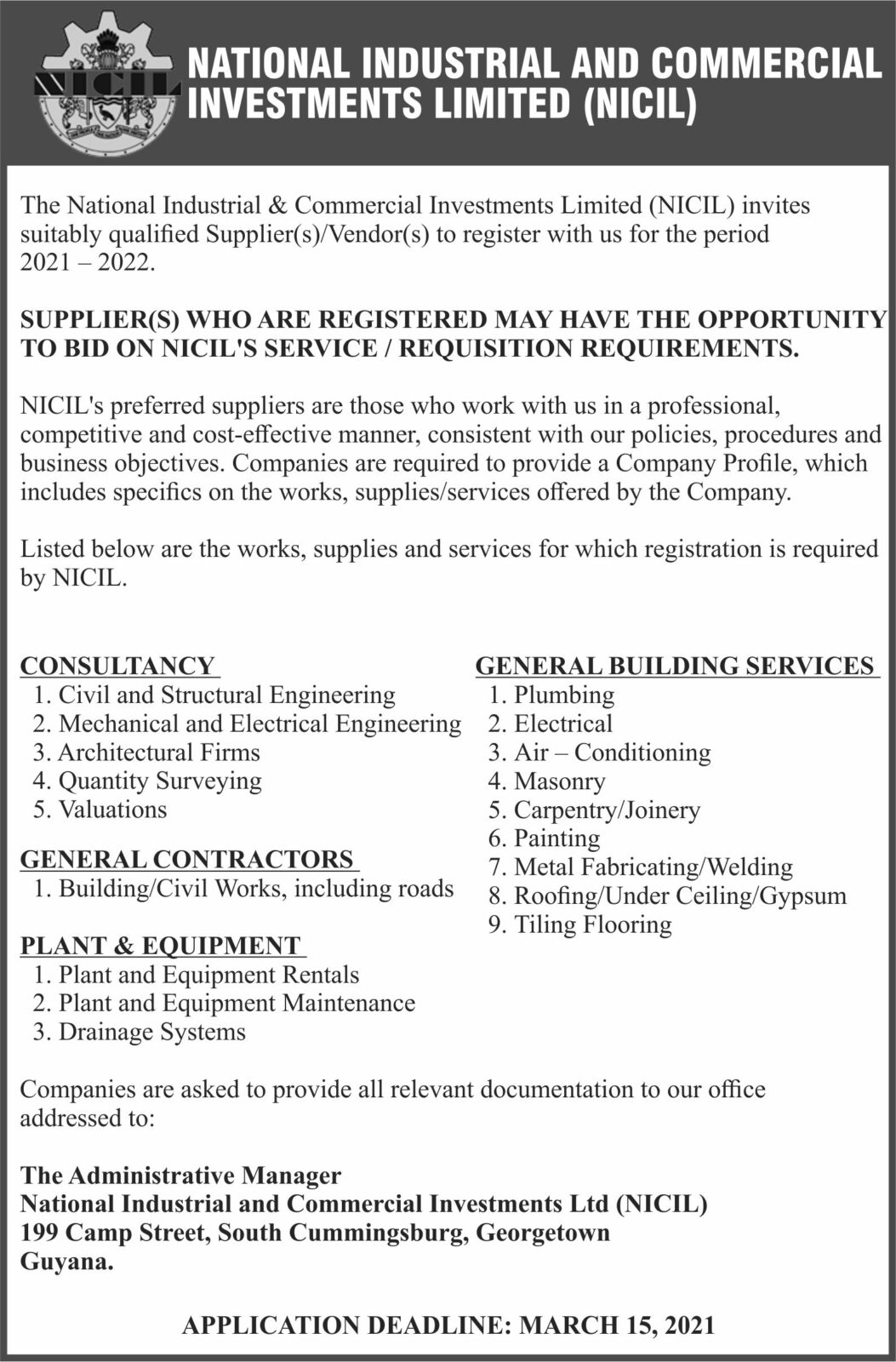 NICIL – Suppliers – Department of Public Information, Guyana