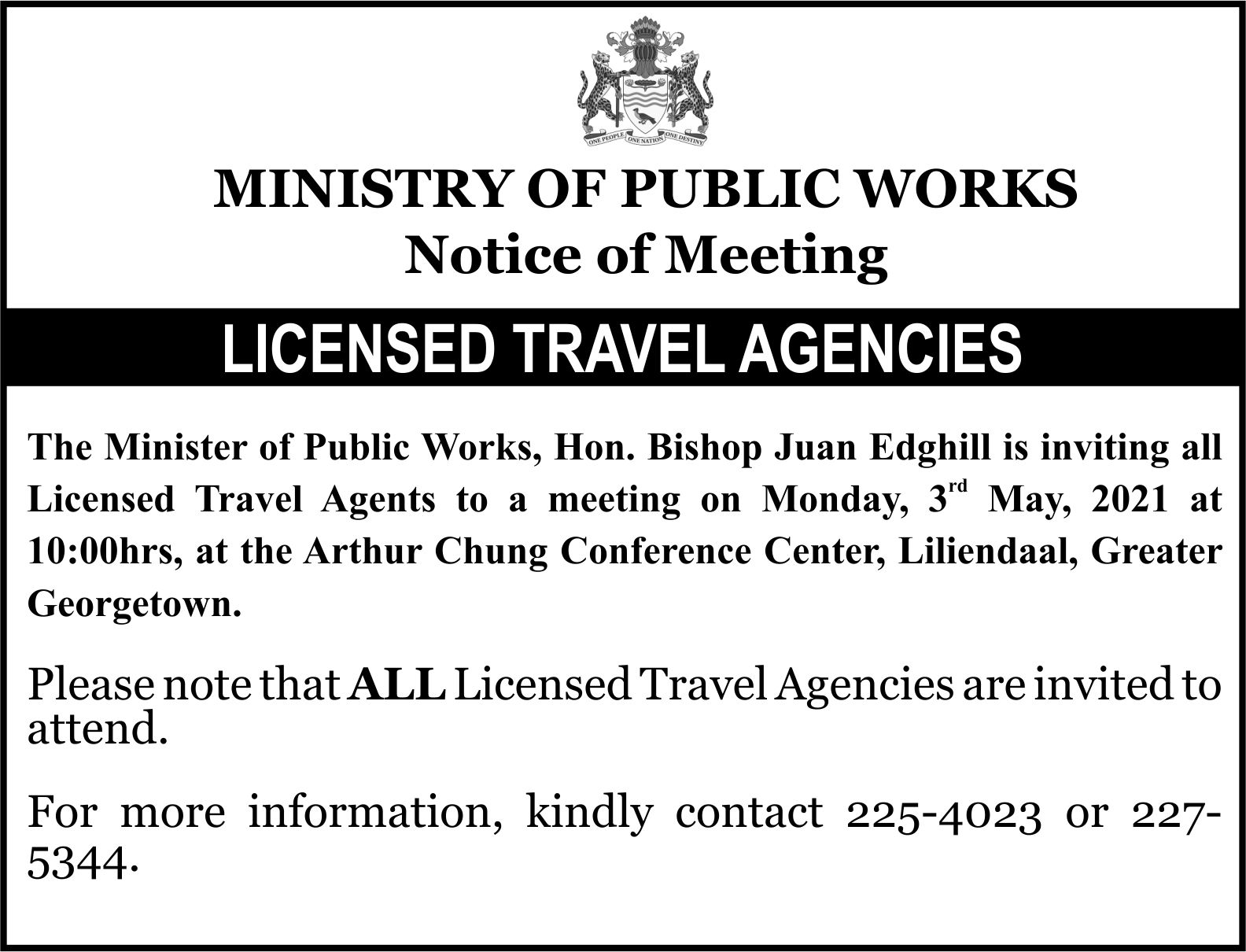 Ministry of Public Works – Notice – Department of Public Information