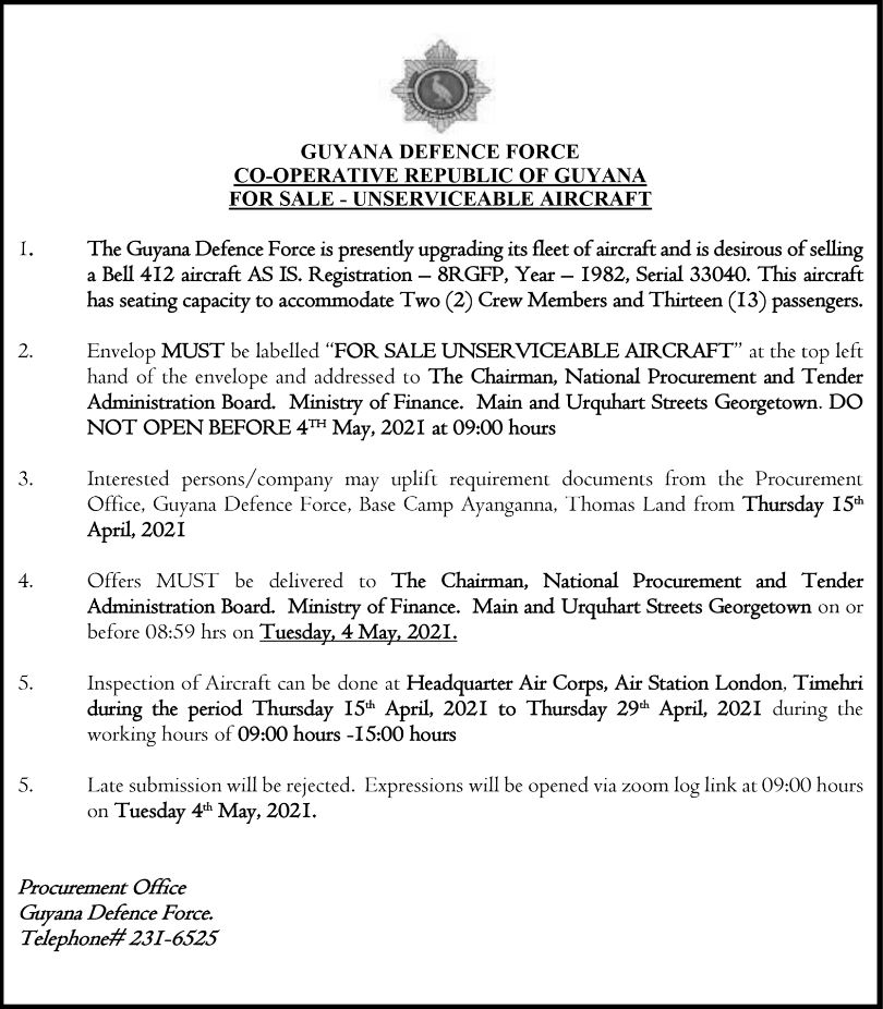 GDF – For Sale; Unserviceable Aircraft – Department of Public ...