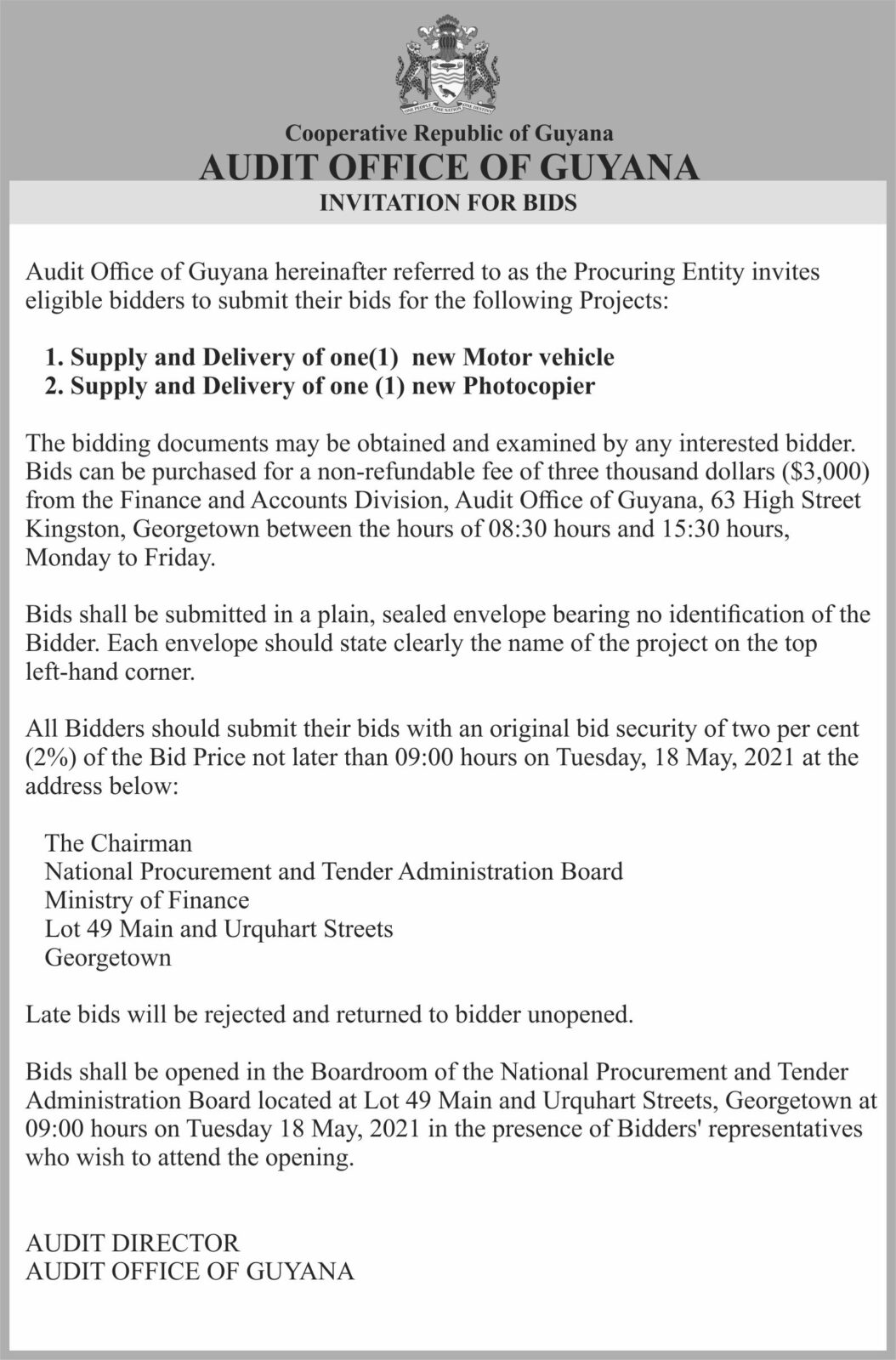 Audit Office of Guyana – Invitation for Bids – Department of Public ...
