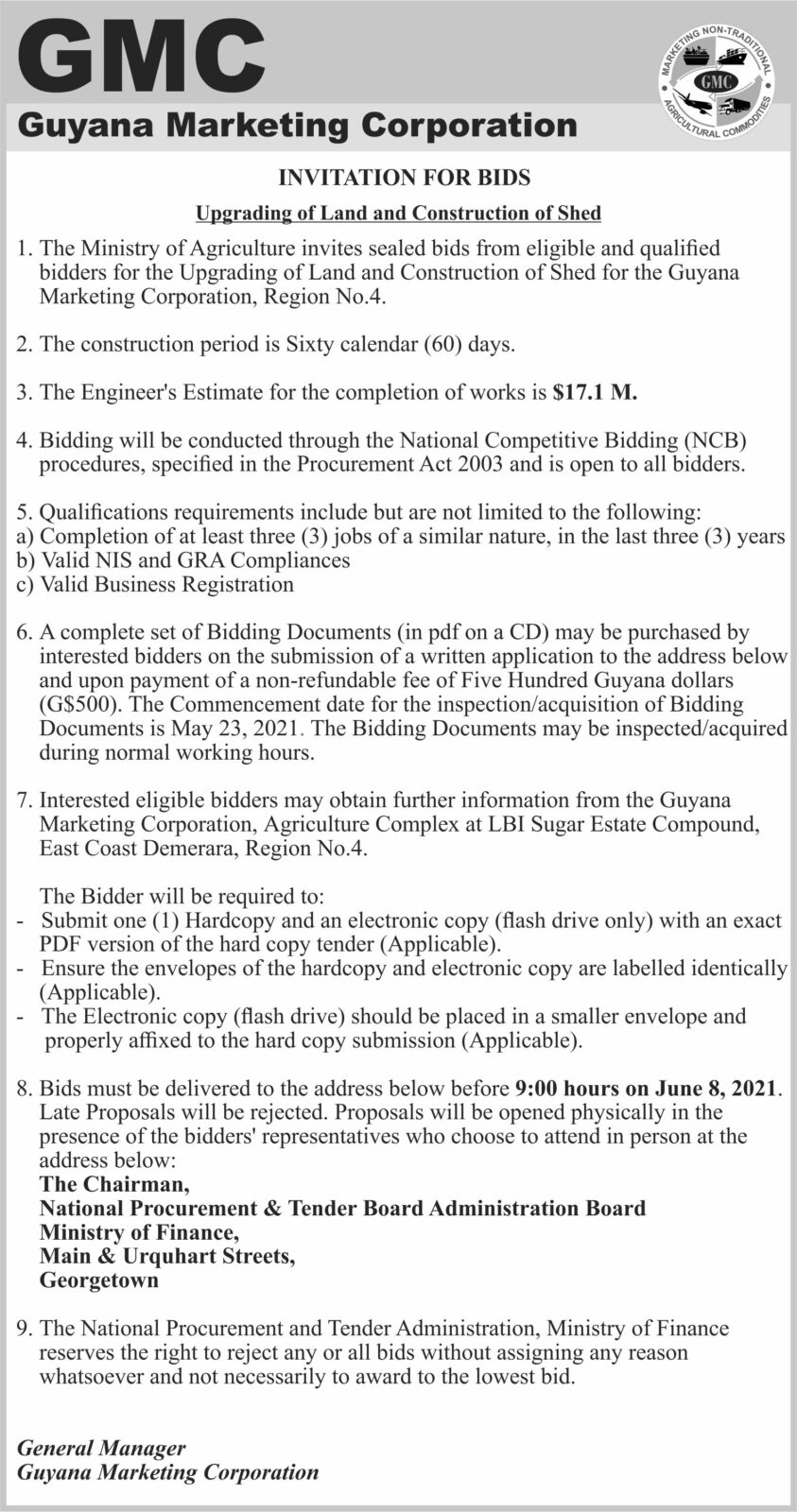 Guyana Marketing Corporation – Invitation for Bids – Department of ...