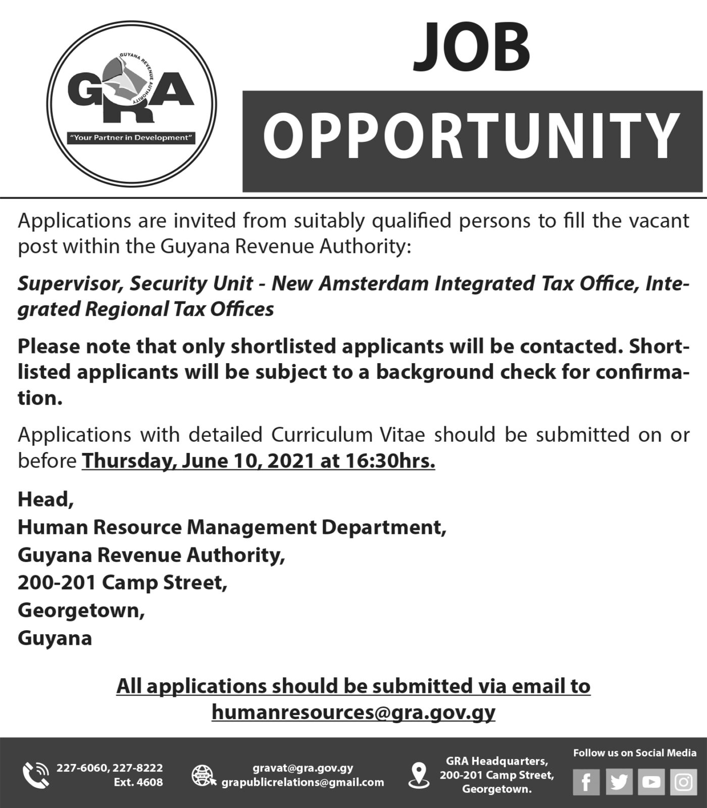 GRA – Job Opportunity; Supervisor, Security Unit – Department of Public ...