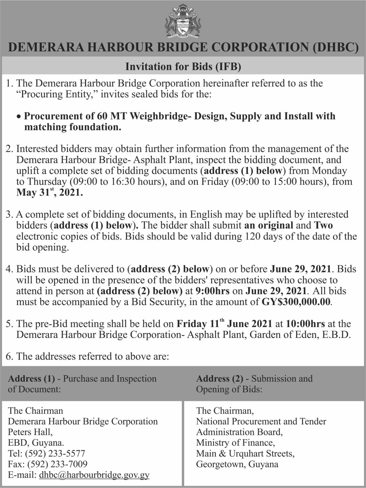 DHBC – IFB; Procurement of 60 MT Weighbridge – Department of Public ...