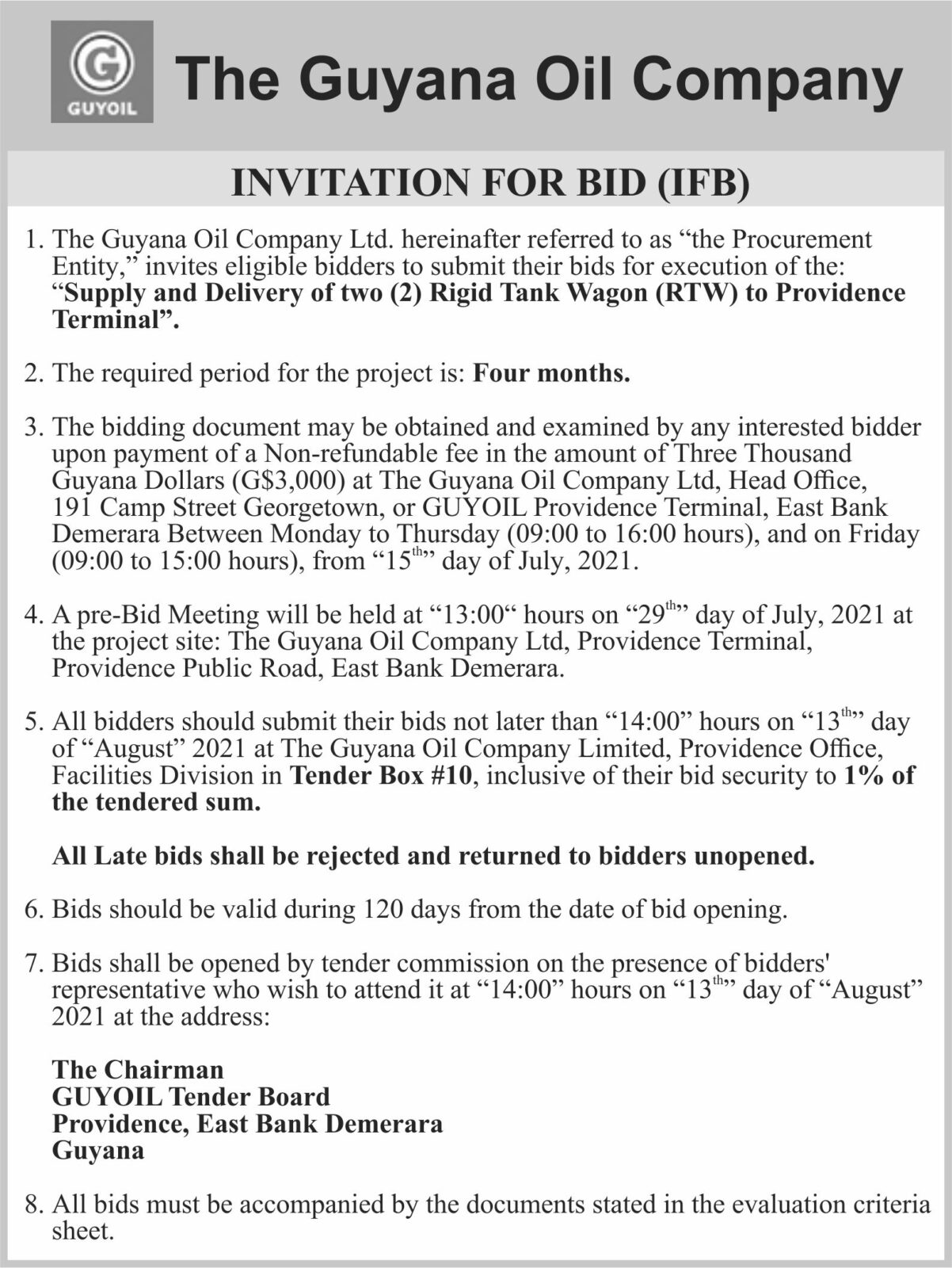 Guyana Oil Company – Invitation for Bids – Department of Public ...