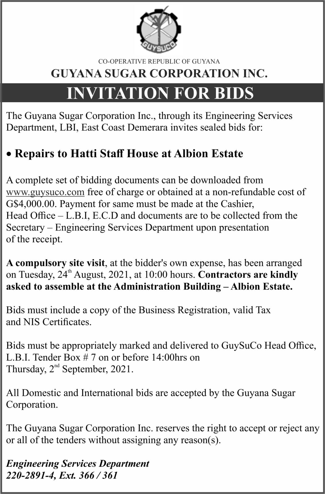 Guyana Sugar Corporation Inc. – Invitation for Bids – Department of ...