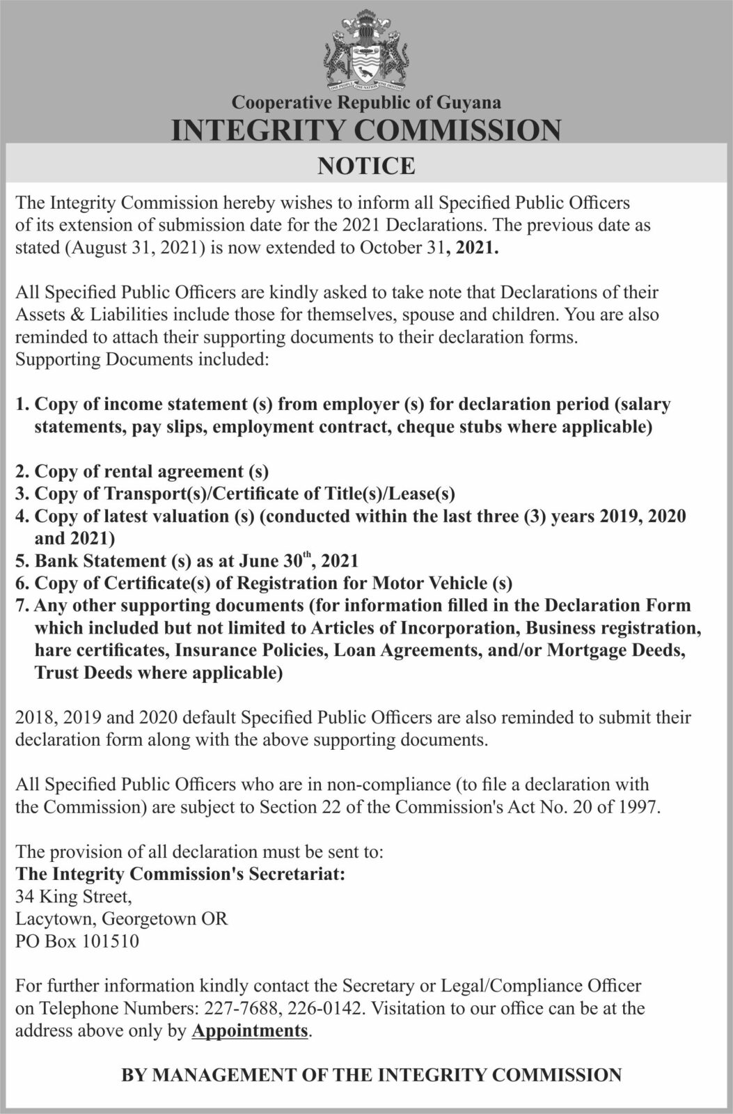 Integrity Commission – Notice – Department of Public Information, Guyana