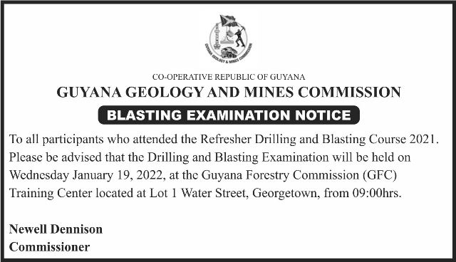 Guyana Geology and Mines Commission – Notice – Blasting Examination ...