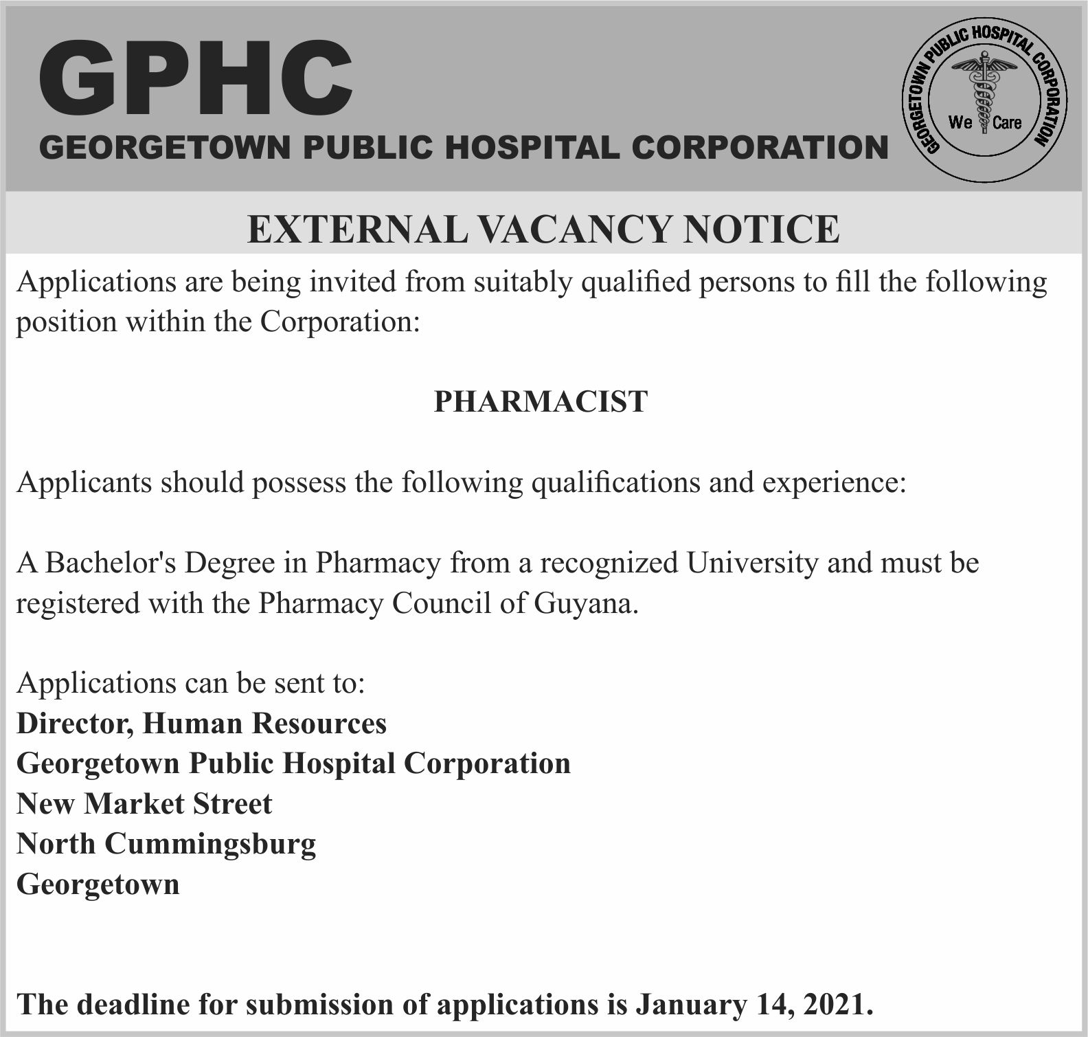GPHC – External Vacancy Notice; Pharmacist – Department of Public ...
