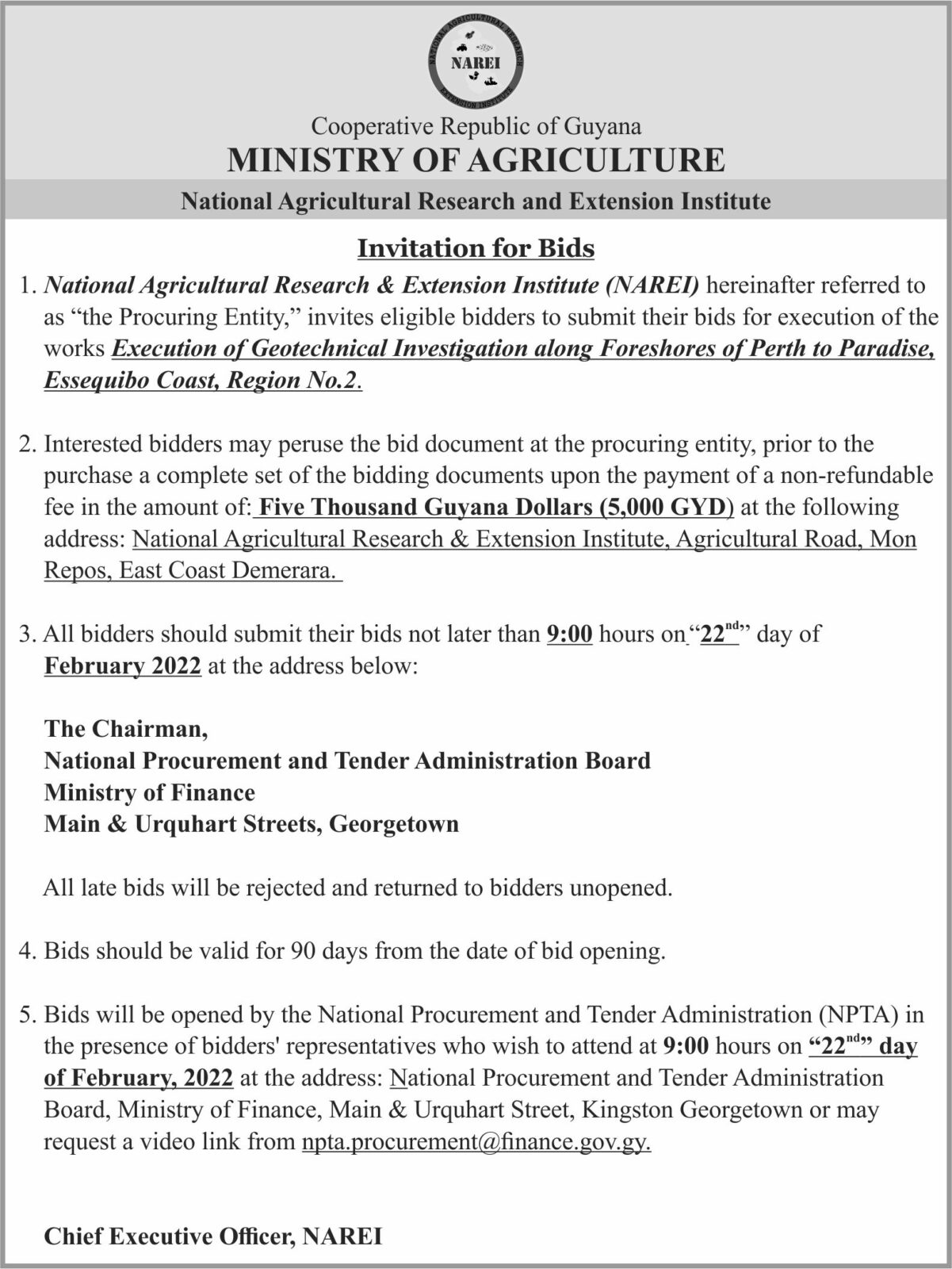 Ministry of Agriculture; NAREI – IFB; Execution of Geotechnical ...
