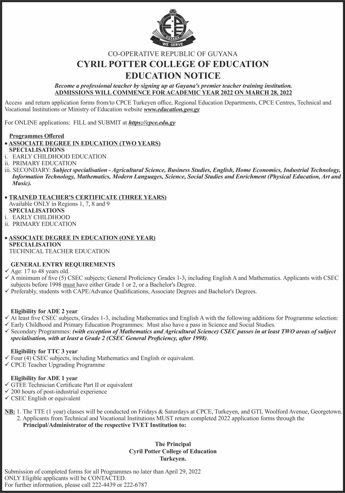 CPCE – Education Notice; Admissions – Department of Public Information ...
