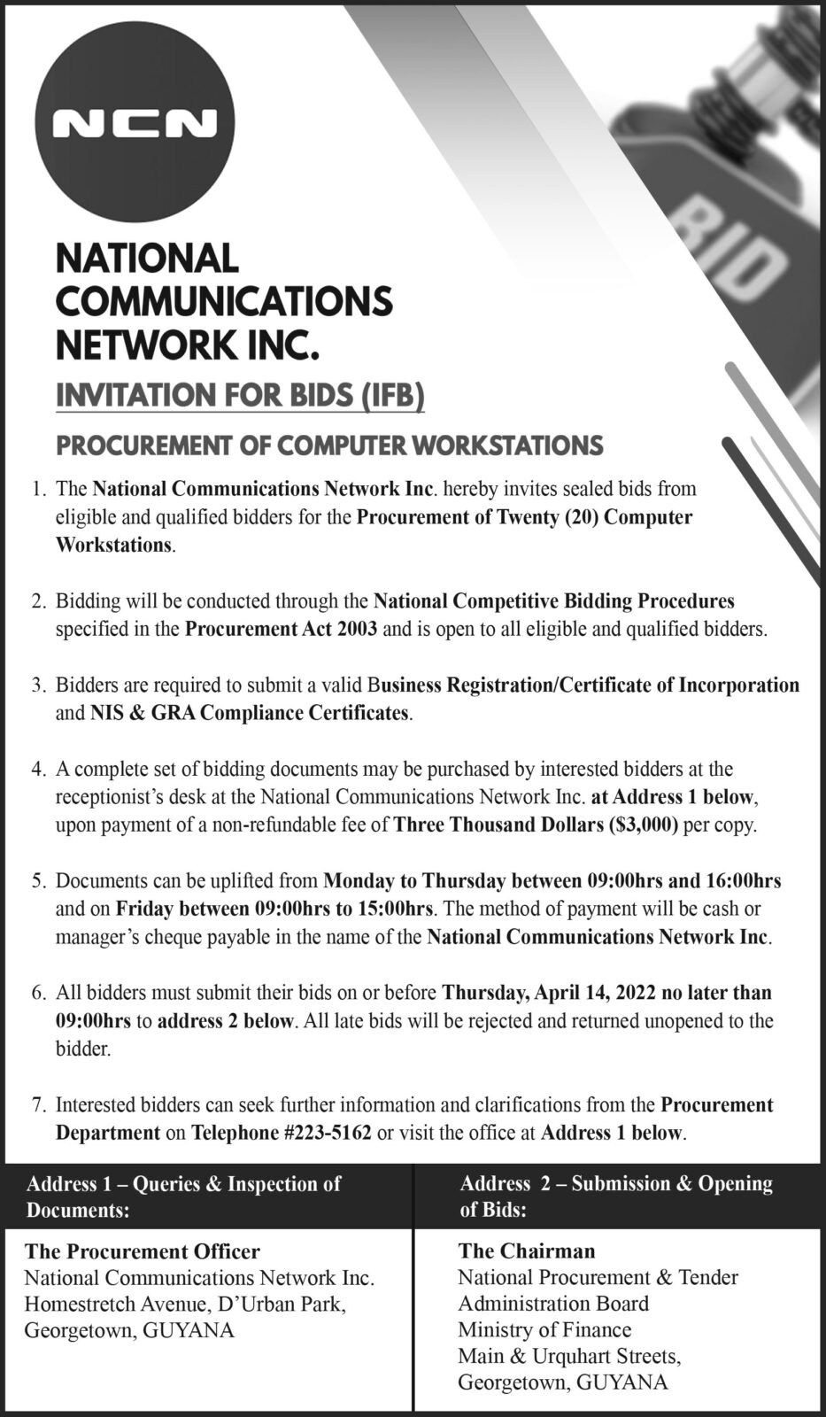 NCN – IFB: Computer Workstations – Department of Public Information, Guyana