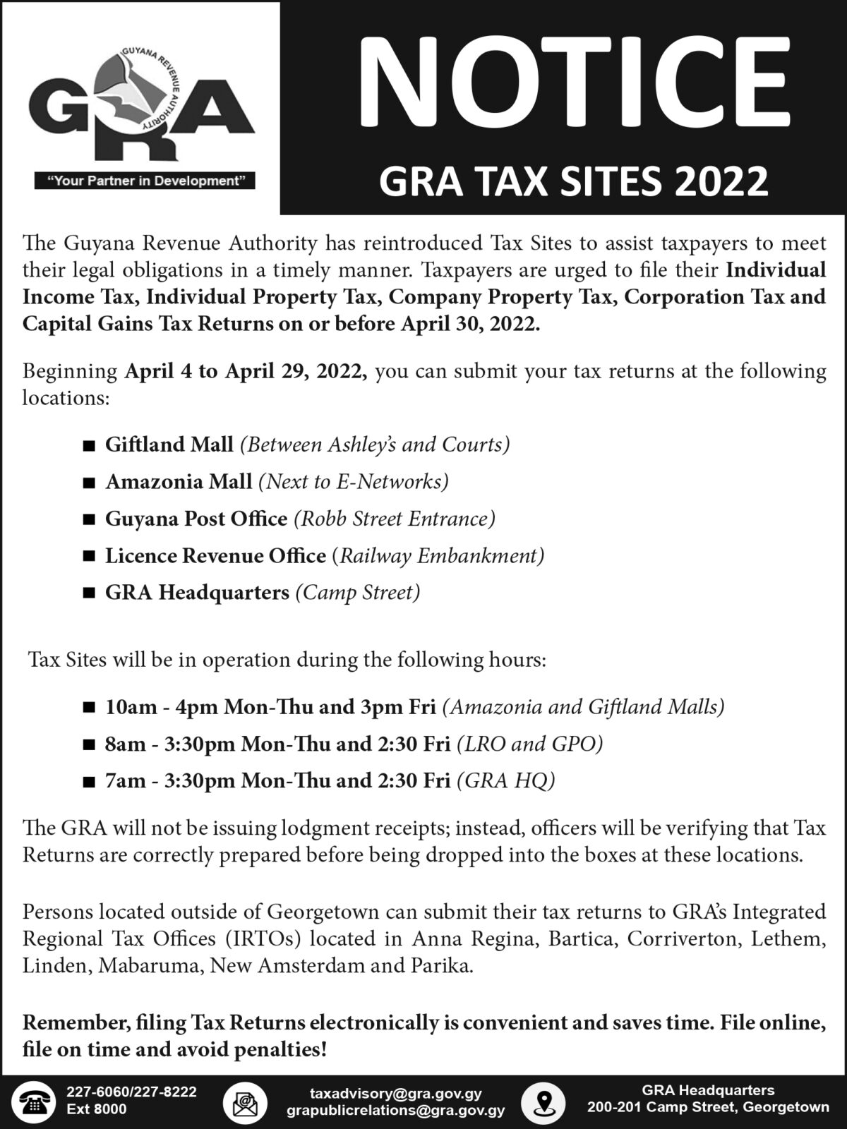 Guyana Revenue Authority – Notice – GRA Tax Sites 2022 – Department of ...