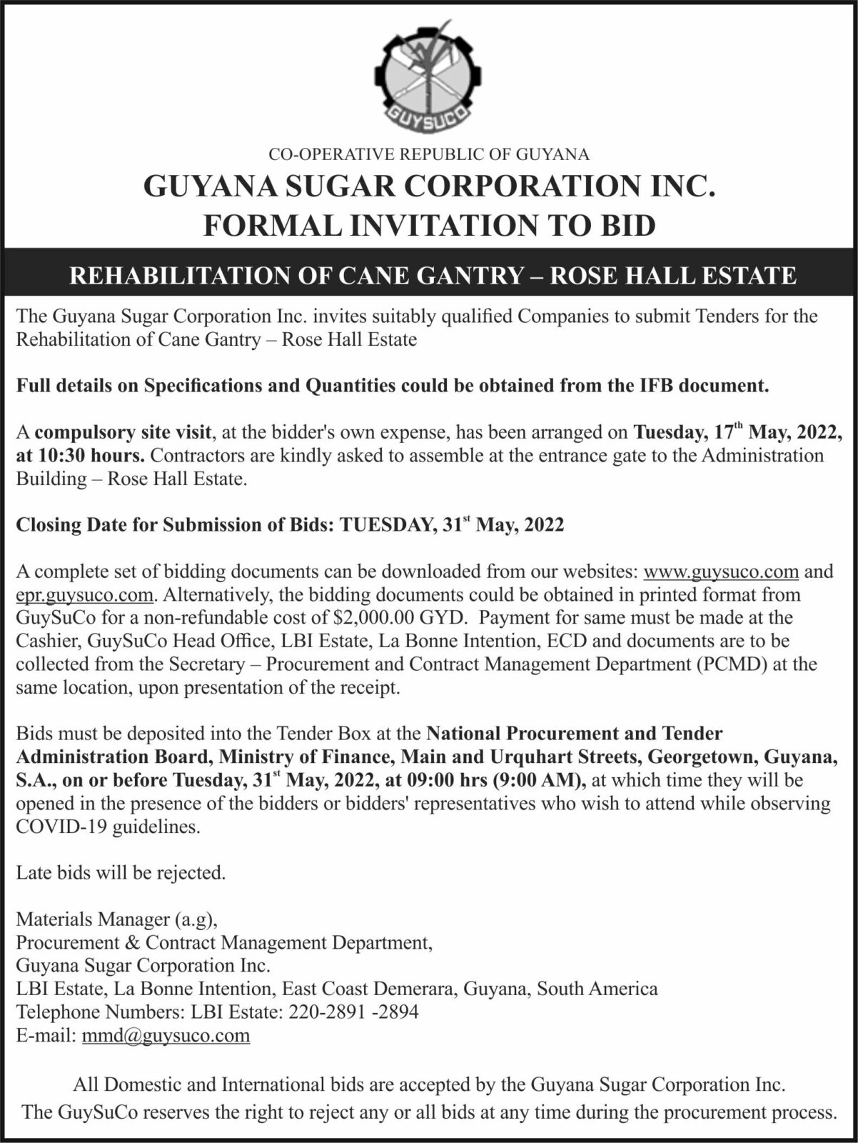GuySuCo – IFB; Rehabilitation of Cane Gantry, Rose Hall Estate ...