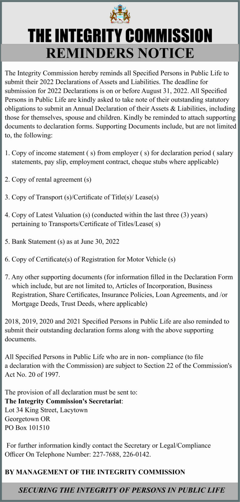 The Integrity Commission- Notice – Department of Public Information, Guyana