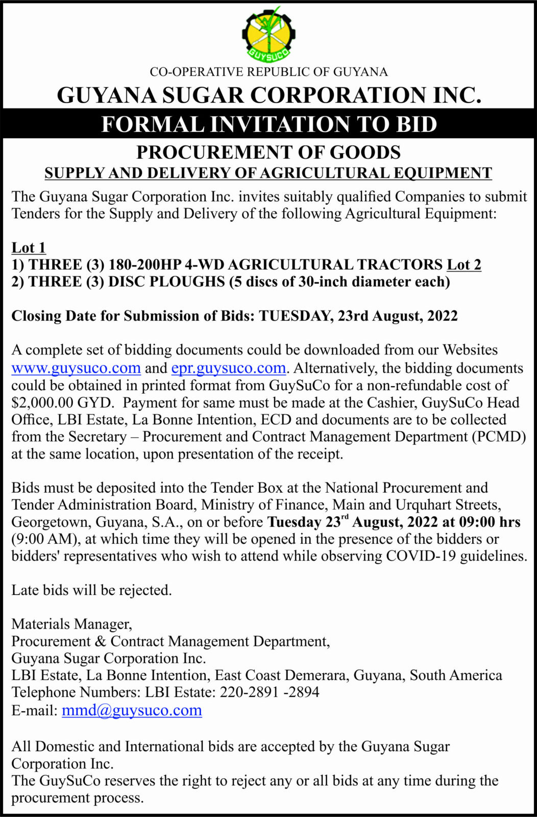 Guyana Sugar Corporation Inc. – Formal Invitation to Bid – Department ...