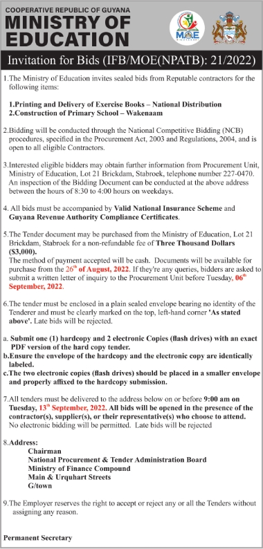 Ministry of Education – IFB; Printing and Delivery of Exercise Books ...