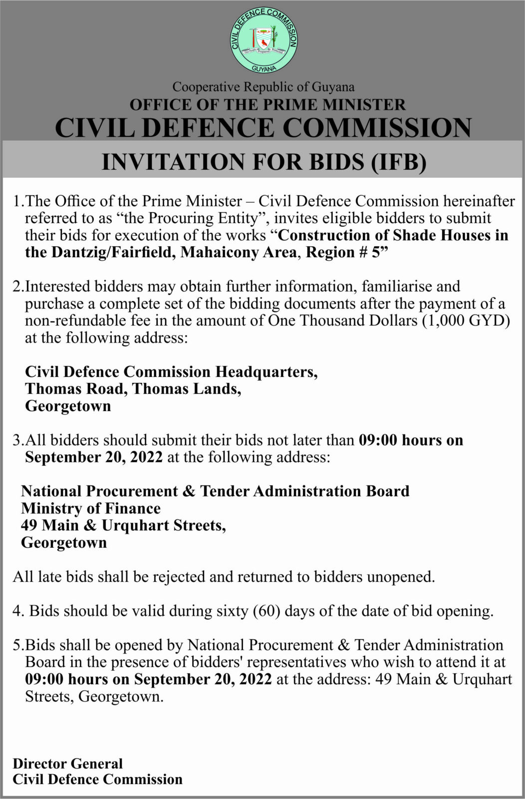 Office of the Prime Minister – Civil Defence Commission – Invitation ...