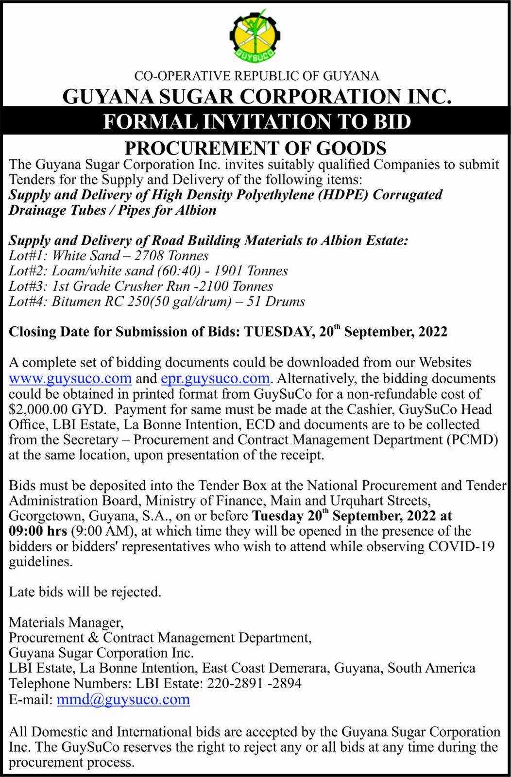 Guyana Sugar Corporation Inc.- Formal Invitation to Bid – Department of ...