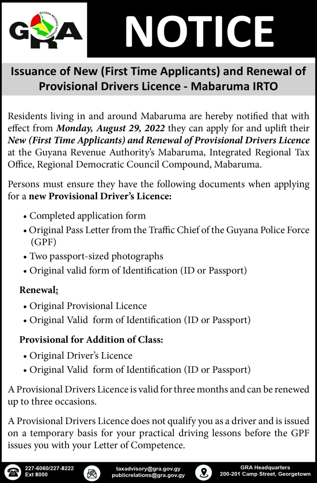 GRA – Notice; Issuance of New and Renewal of Provisional Drivers ...