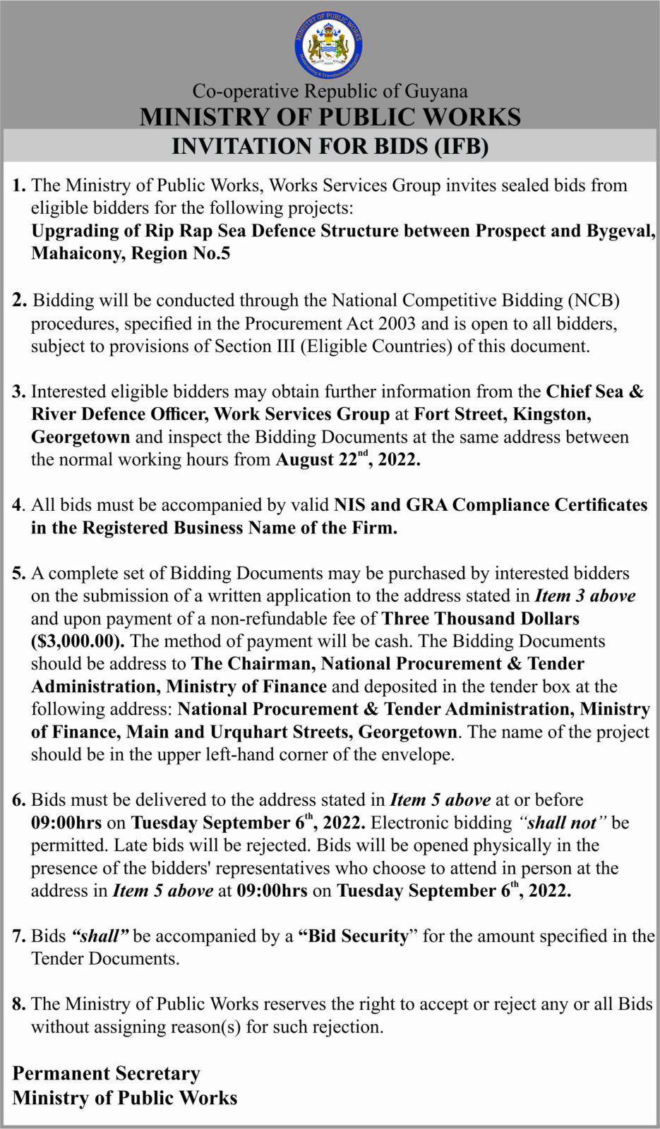 Ministry of Public Works – Invitation for Bids – Department of Public ...