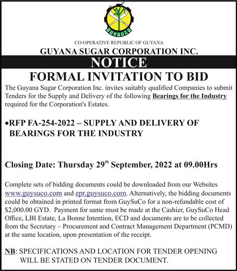 Guyana Sugar Corporation Inc. – IFB – Supply and Delivery of Bearings ...