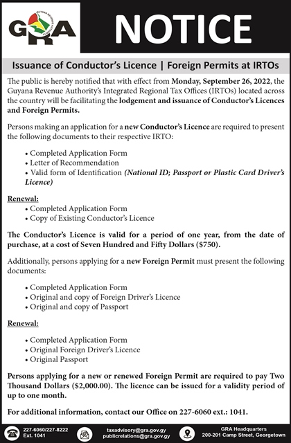 Guyana Revenue Authority – Notice – Issuance of Conductor’s Licence ...