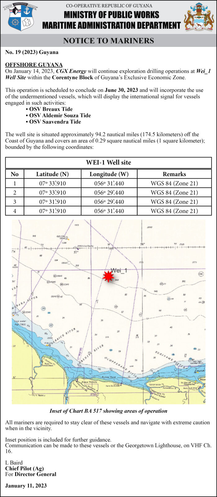 Ministry of Public Works; MARAD – Notice to Mariners No. 19 (2023 ...