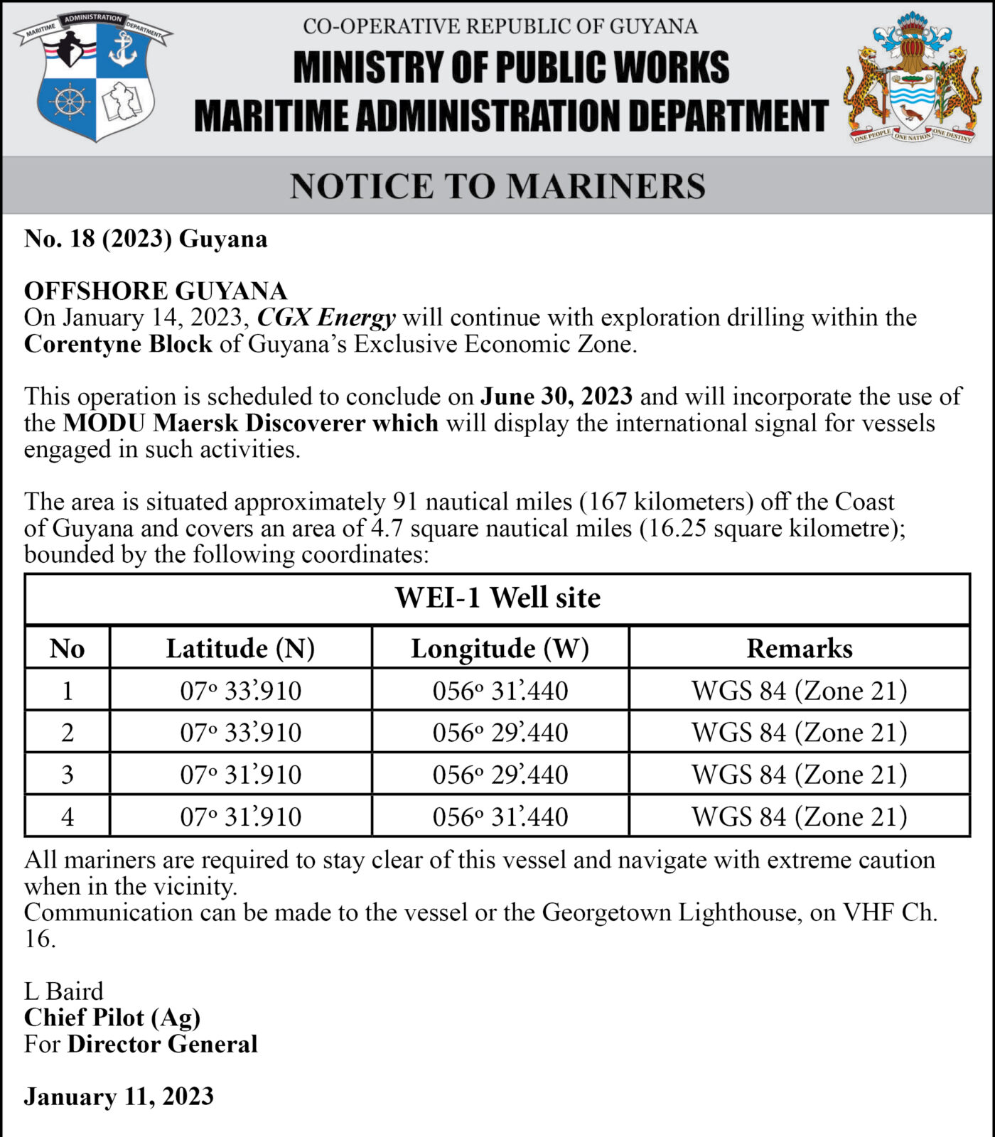 Ministry of Public Works; MARAD – Notice to Mariners No. 18 (2023 ...