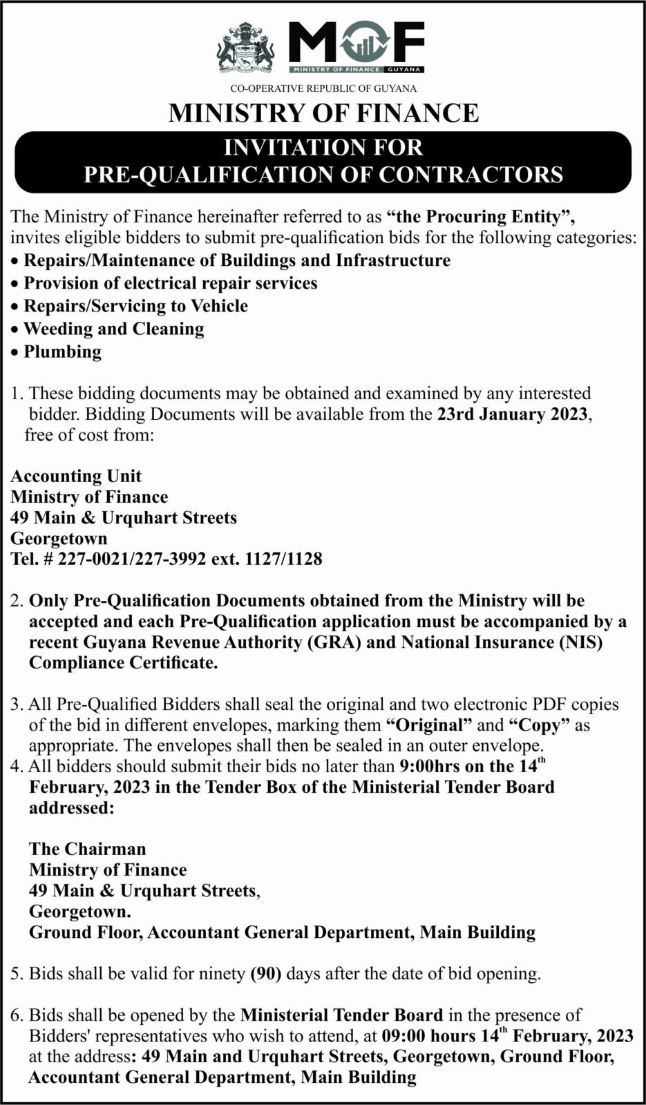 Ministry of Finance – Invitation for Pre-Qualification for Contractors ...